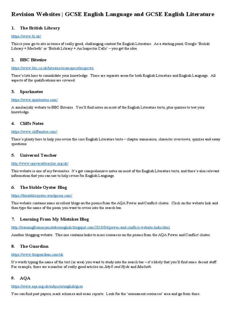 Top GCSE English Revision Sites | PDF