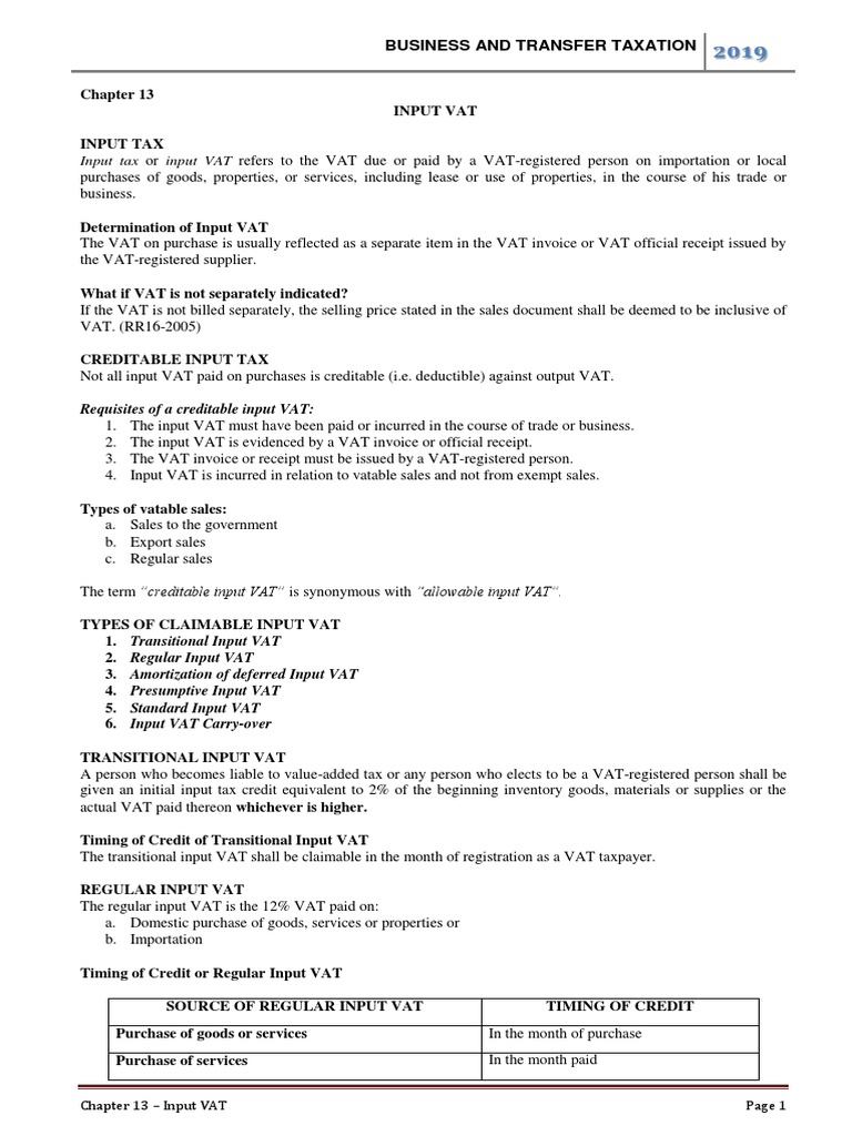 TAXATION 2 Chapter 13 Input VAT | PDF | Value Added Tax | Invoice