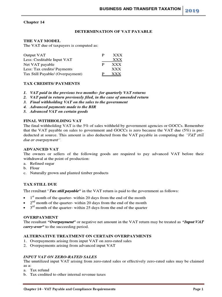 TAXATION 2 Chapter 14 VAT Payable and Compliance Requirements | PDF ...