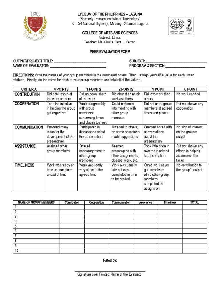 Peer Evaluation Form | PDF | Communication | Cognition