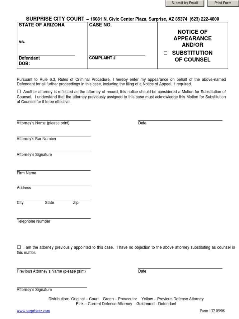 Notice of Appearance and or Substitution of Counsel Form Email Print ...