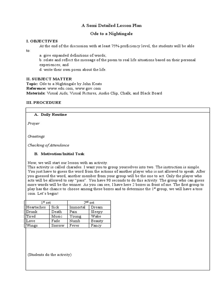 A Semi Detailed Lesson Plan Ode To A Nightingale: I. Objectives | PDF ...