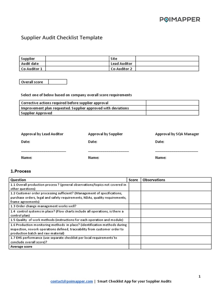 Supplier Audit Checklist Template: 1.process | PDF | Supply Chain | Audit