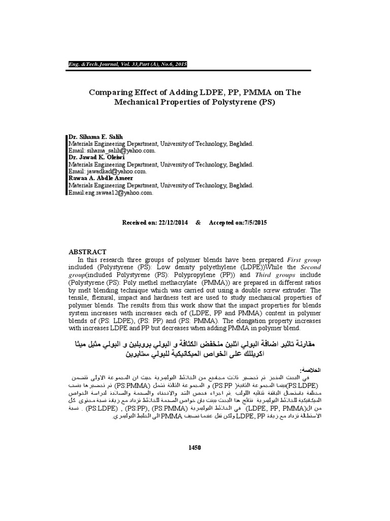 Comparing Effect of Adding LDPE, PP, PMMA On The Mechanical Properties ...