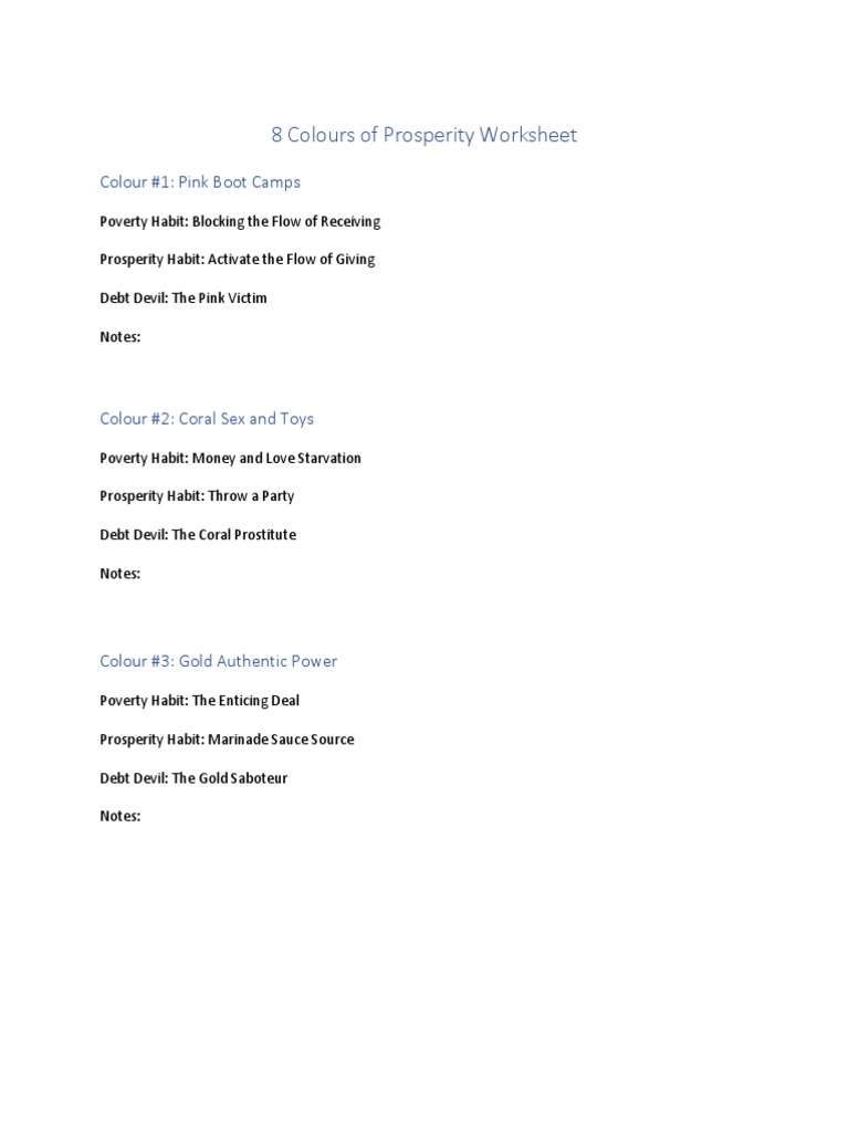 8 Colours of Prosperity Worksheet: Colour #1: Pink Boot Camps | PDF