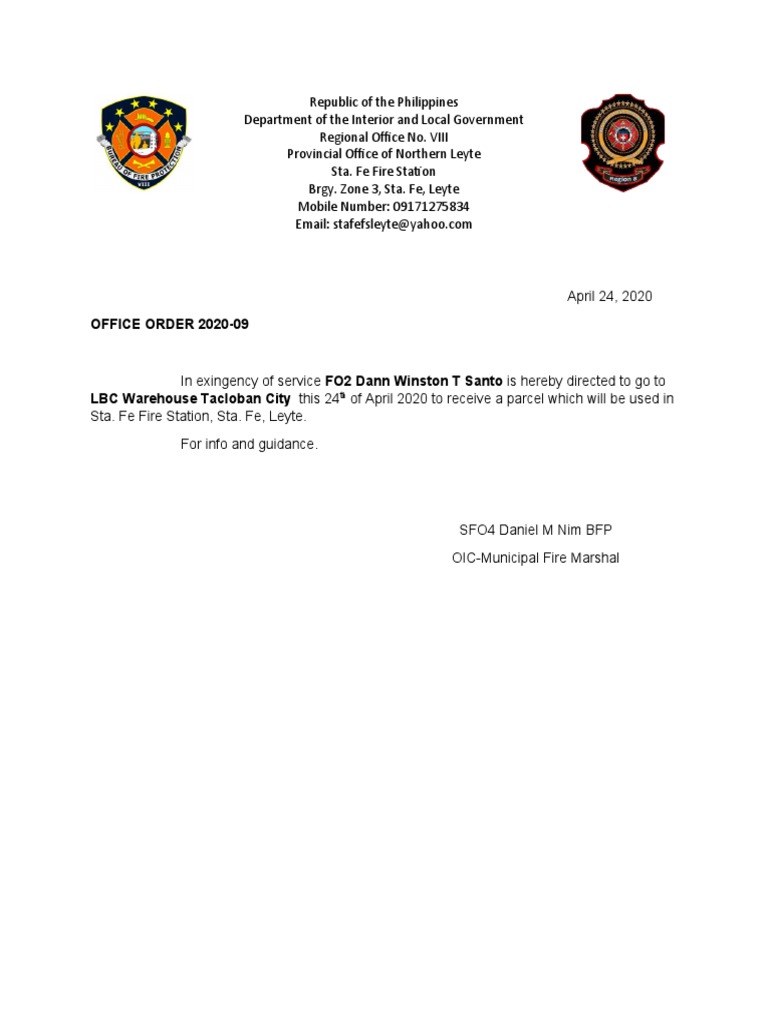 Office Order for Fire Station Parcel Pickup | PDF