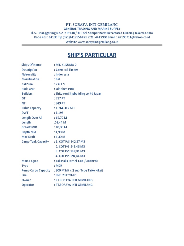Ship'S Particular: Pt. Soraya Inti Gemilang | PDF