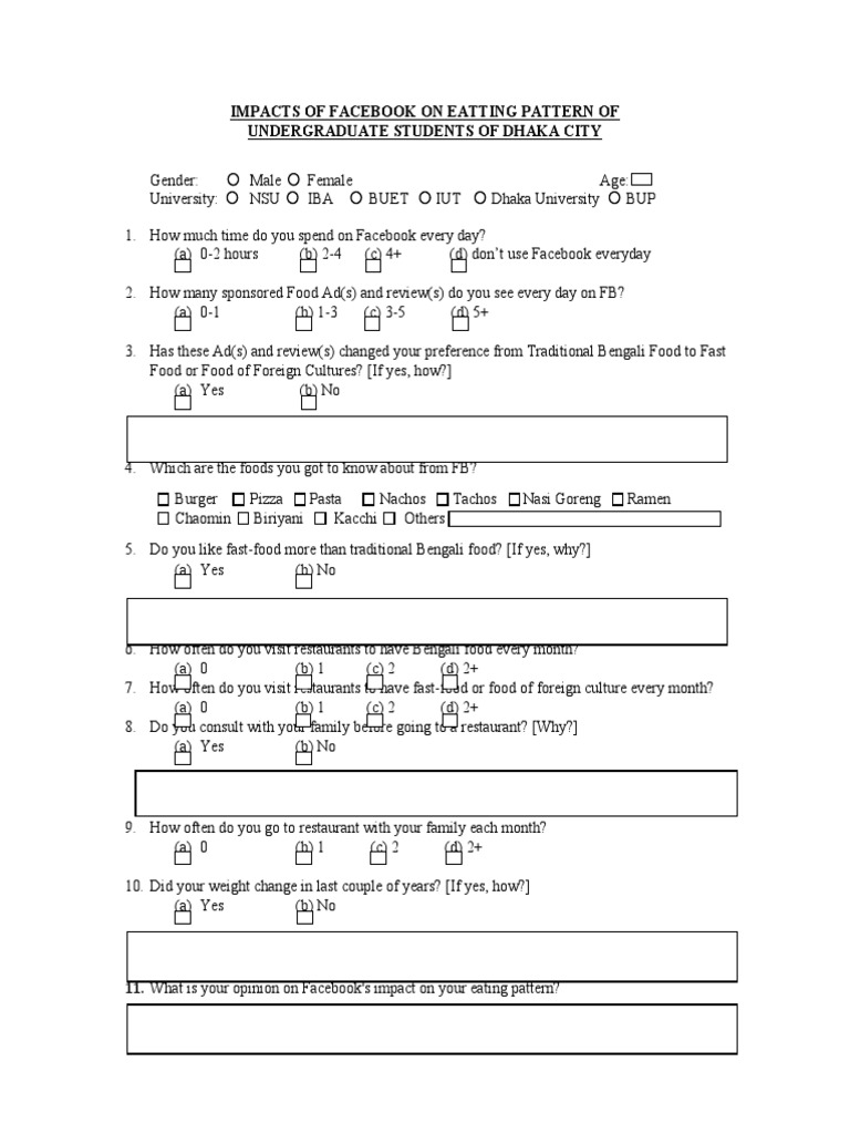 Eating Pattern Survey Questionnaire | PDF
