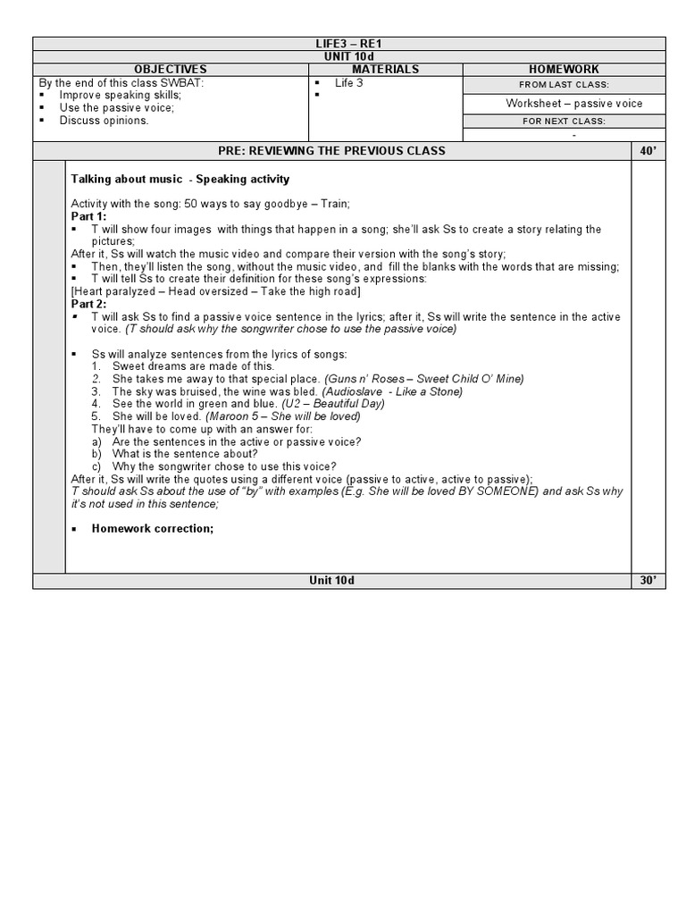 Life3 - Re1 UNIT 10d Objectives Materials Homework | PDF | Entertainment (General)