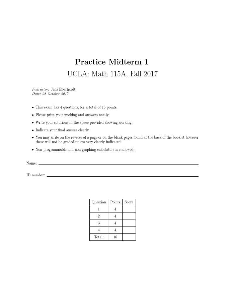 UCLA Math 115A Practice Midterm Solutions | PDF | Linear Subspace | Space