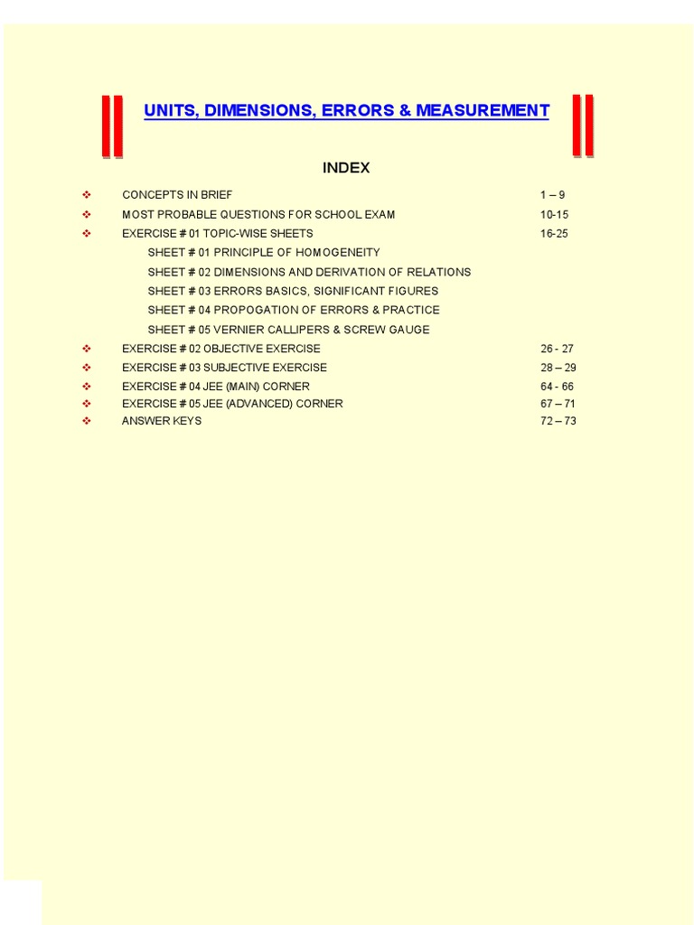 Units, Dimensions, Errors & Measurement: Index | PDF | Significant Figures | Quantity