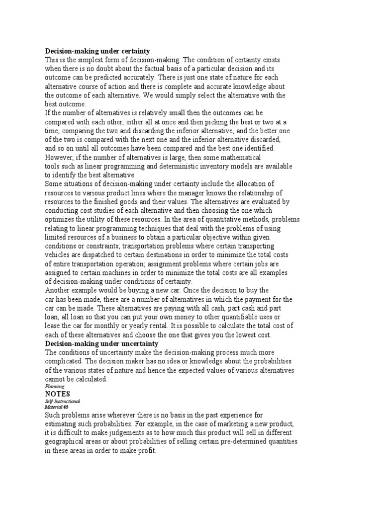 Decision-Making Under Certainty: Planning Self-Instructional Material ...