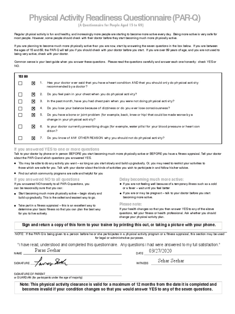 Physical Activity Readiness Questionnaire (PAR-Q) : (A Questionnaire ...