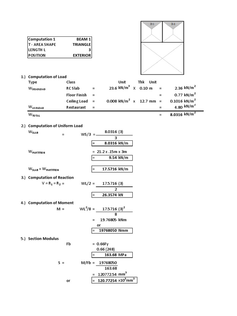 Computation 1 Beam 1 Triangle 3 Exterior: Deadload 3 2 2 2 2 2 2 | PDF | Structural Engineering ...