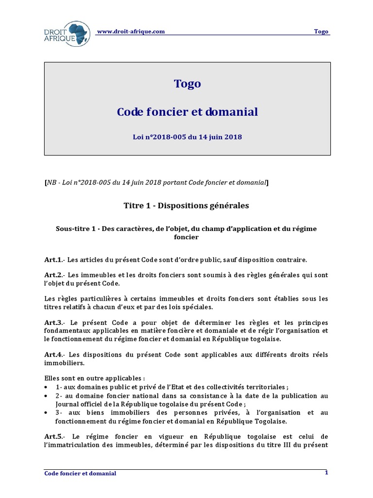 Togo Code 2018 Foncier PDF | PDF | Hypothèque | Propriété