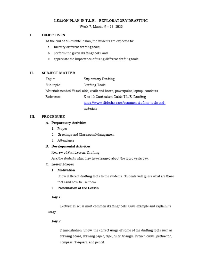 Lesson Plan in T.L.E. - Exploratory Drafting | PDF | Lesson Plan ...