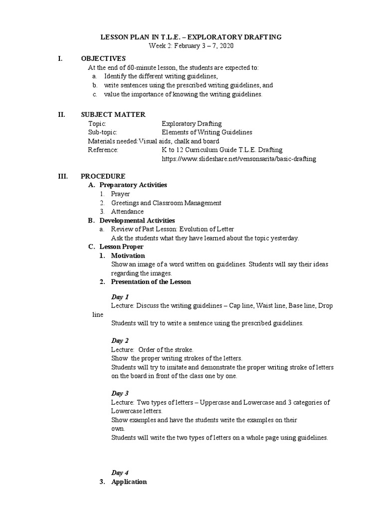 Lesson Plan in T.L.E. - Exploratory Drafting | PDF | Lesson Plan ...