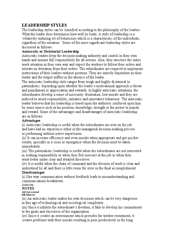 Leadership Styles: Autocratic or Dictatorial Leadership | PDF ...