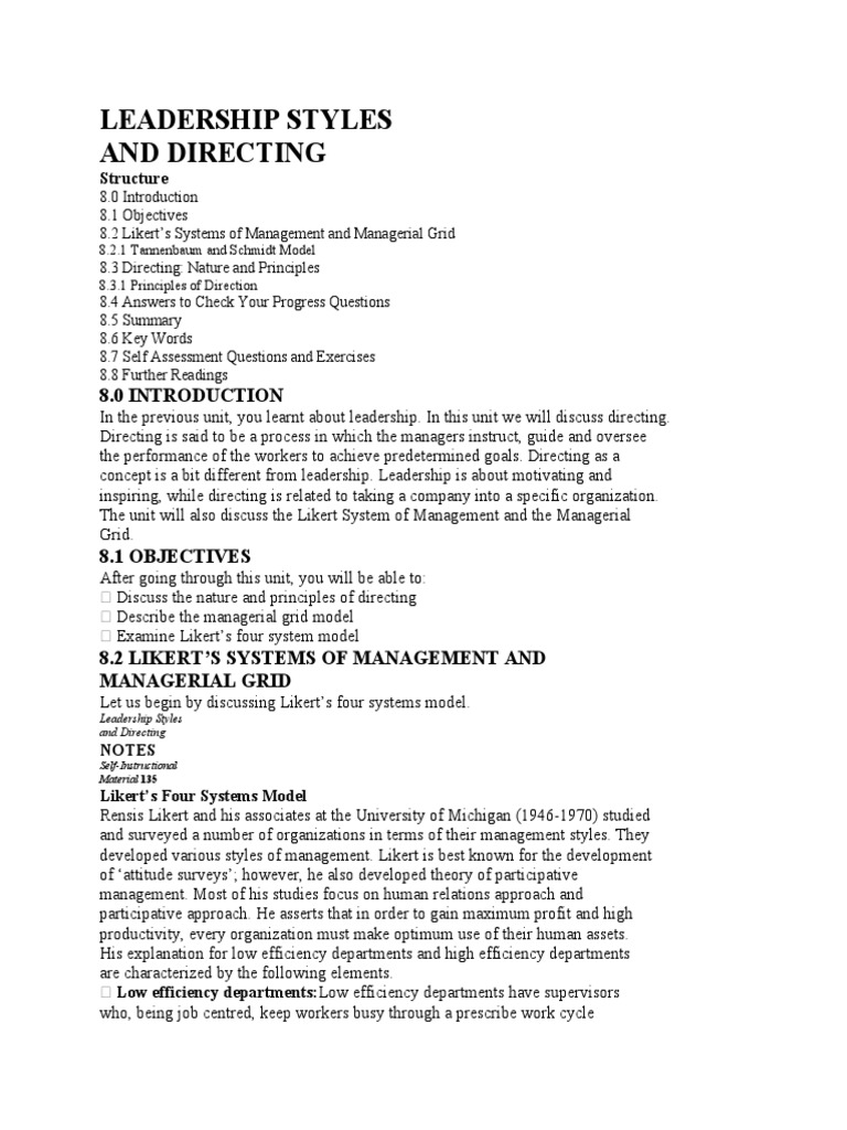 Leadership Styles, Directing & Likert's Management Systems | PDF ...