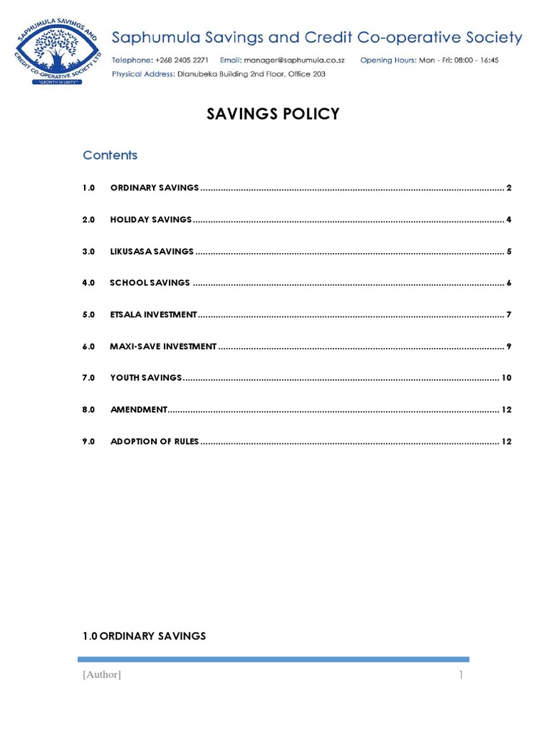 SAVINGS POLICY SaphumulaSavingsandCreditCo Operativesociety PDF | PDF ...