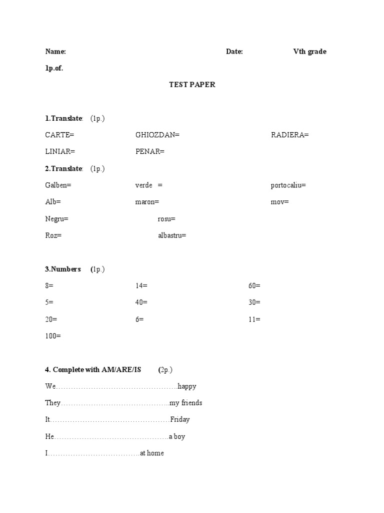 Name: Date: VTH Grade 1p.of. Test Paper | PDF | Language Arts & Discipline