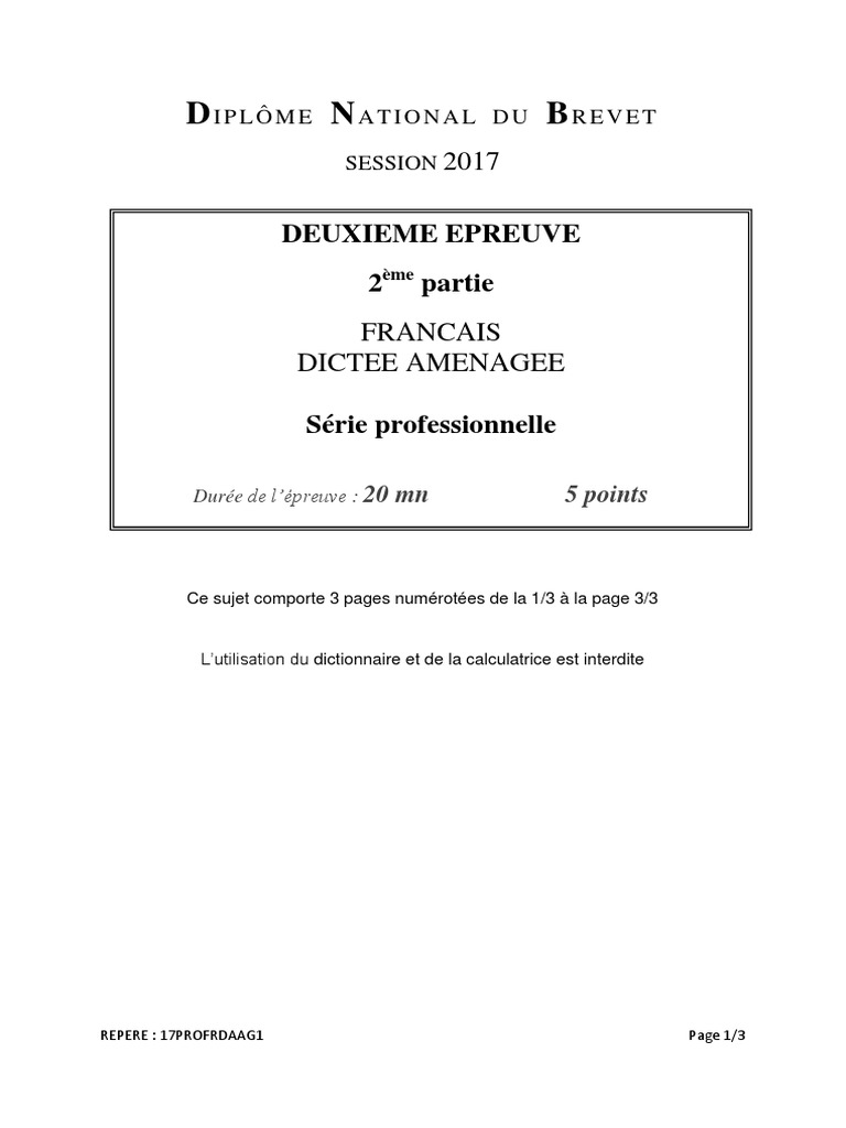 DICTEE AMENAGEE DNB 2017 | PDF