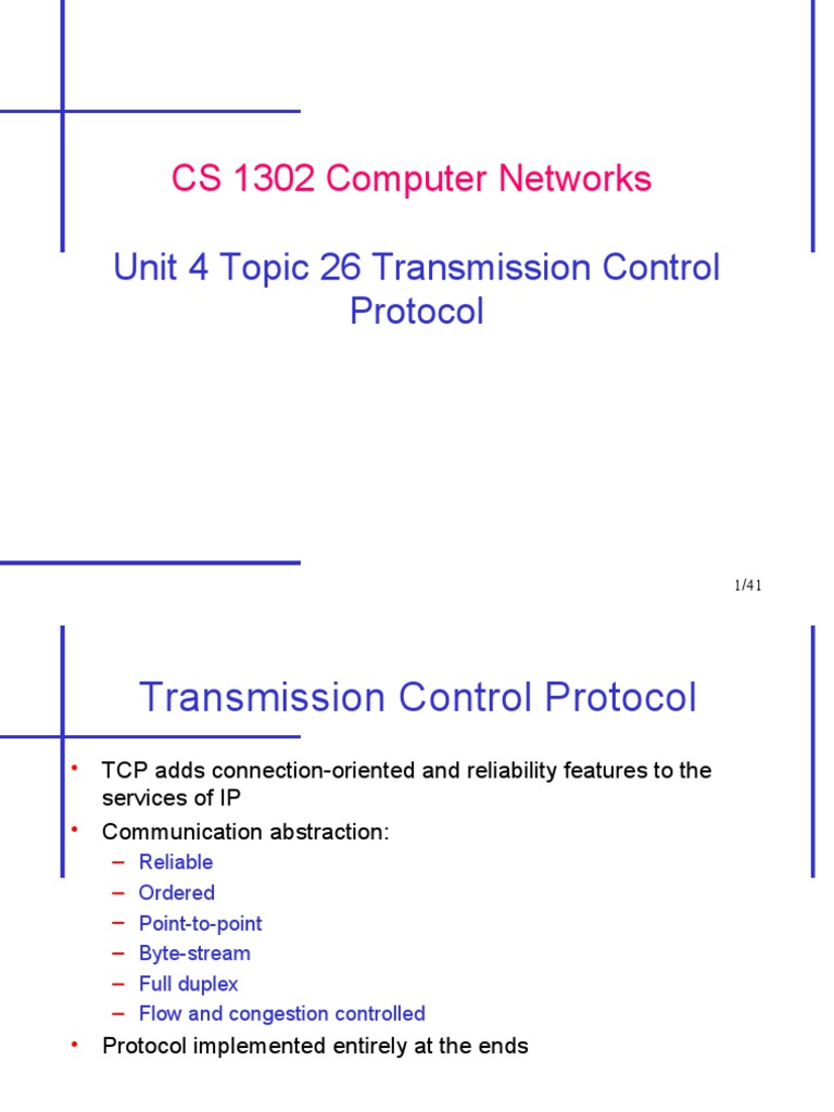 CS 1302 Computer Networks: Unit 4 Topic 26 Transmission Control Protocol | Download Free PDF ...