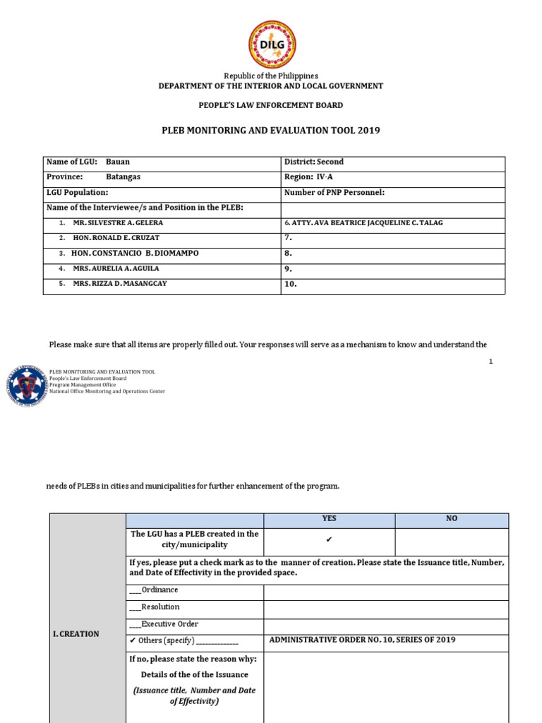 Pleb Monitoring and Evaluation Tool 2019: Republic of The Philippines ...