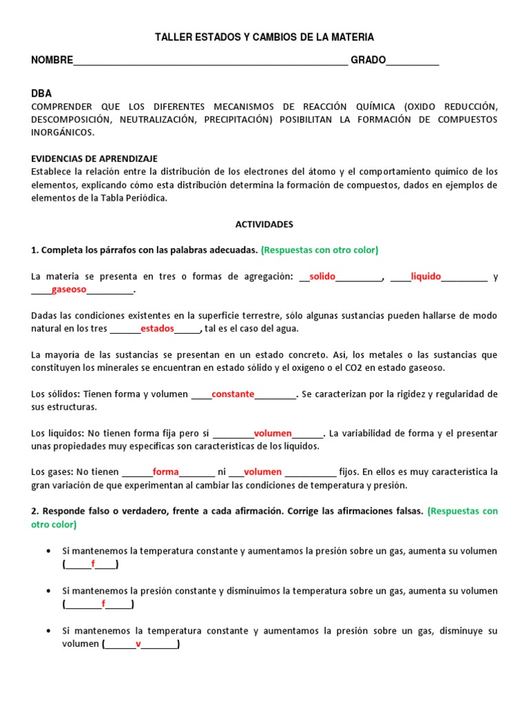 Taller Estados y Cambios de La Materia | PDF | Gases | Importar