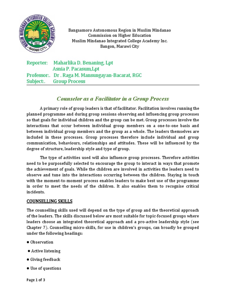 Counselor As A Facilitator in A Group Process | PDF | Behavior ...