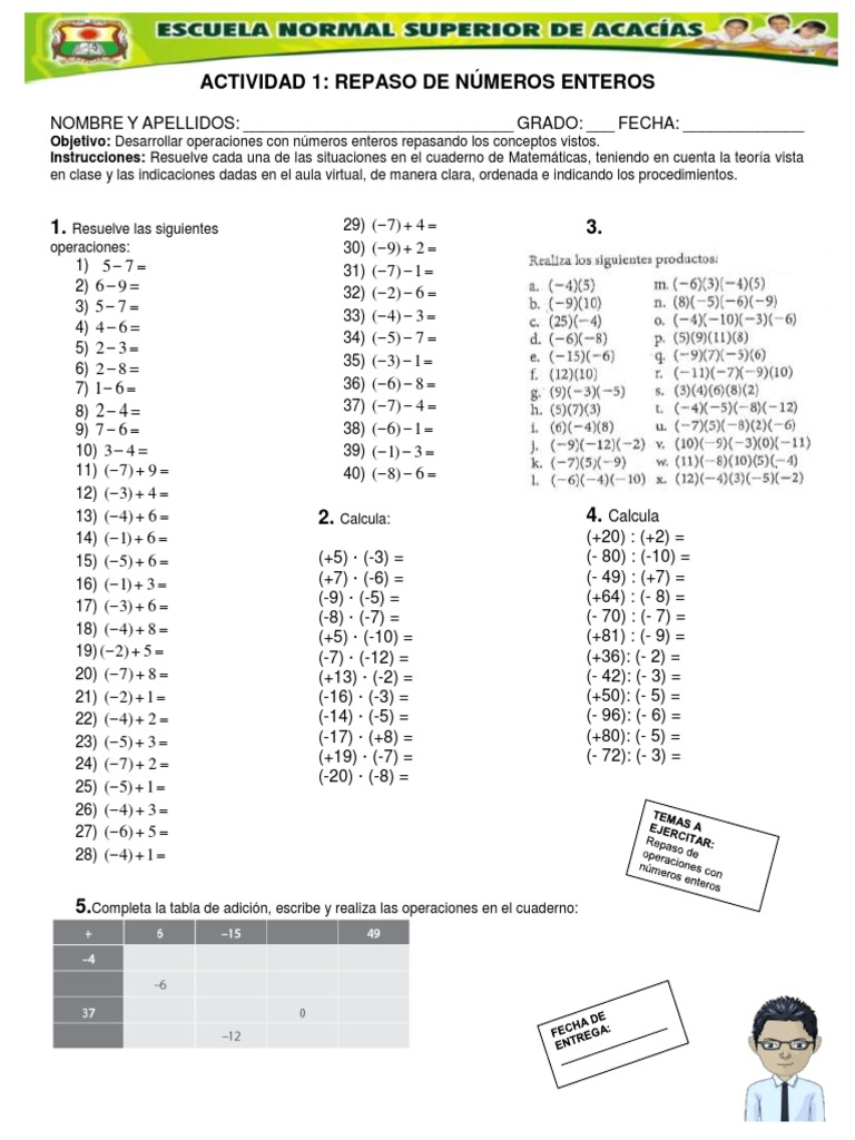 Actividad 1 Repaso de Números Enteros PDF | PDF | Multiplicación | Entero