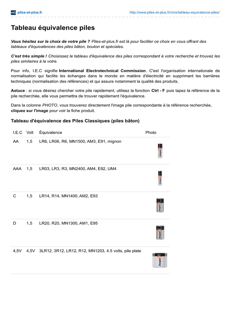 Tableau Equivalence Piles | PDF | Électricité | Puissance (physique)