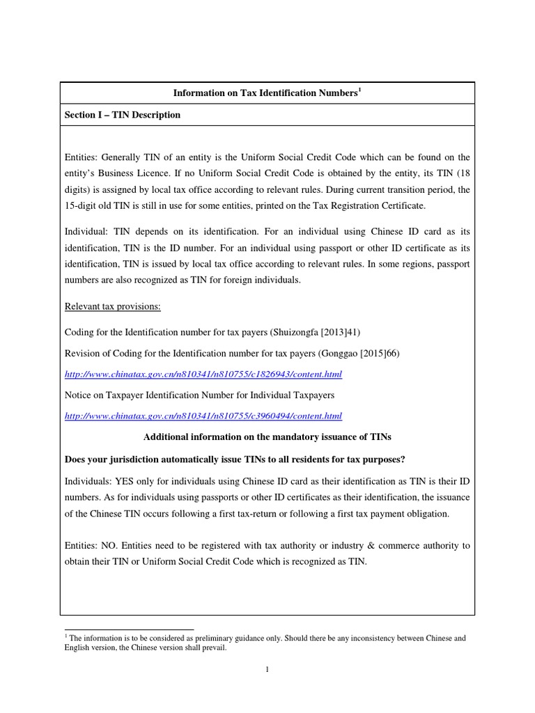 Information On Tax Identification Numbers Section I - TIN Description ...