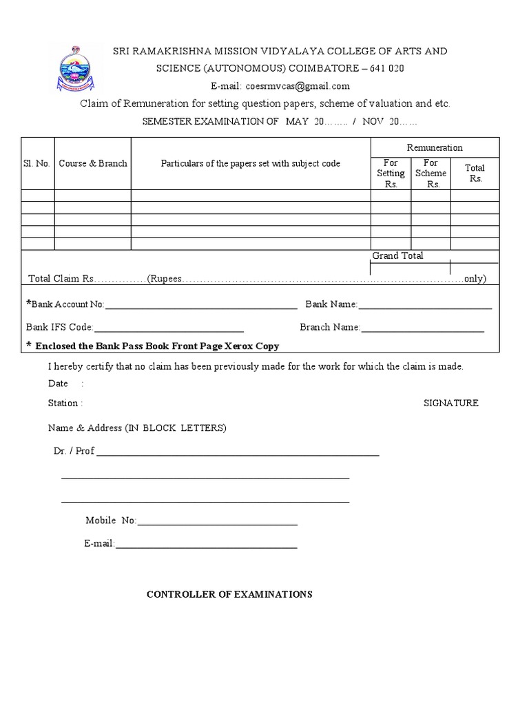 Claim Form of Remuneration For Setting Question Papers | PDF