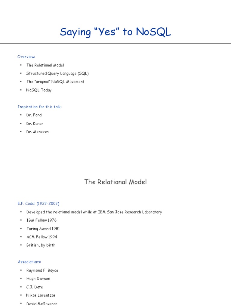 Saying "Yes" To Nosql: Overview | PDF | Relational Database | Sql