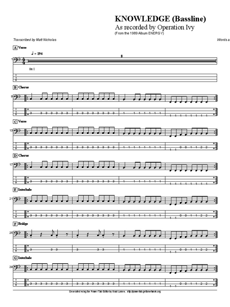 Operation Ivy - Knowledge Bass PDF | PDF | Musical Forms | Songs