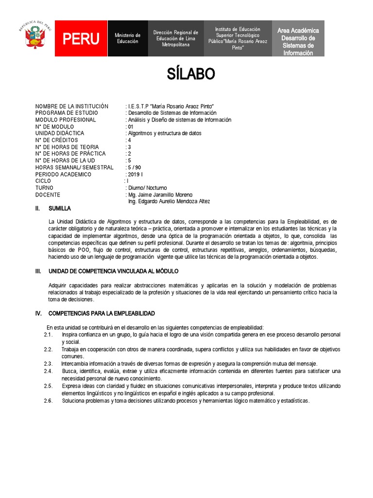 Silabo de Algoritmo y Structura de Datos 2019 | PDF | Lenguaje de programación | Java (lenguaje ...