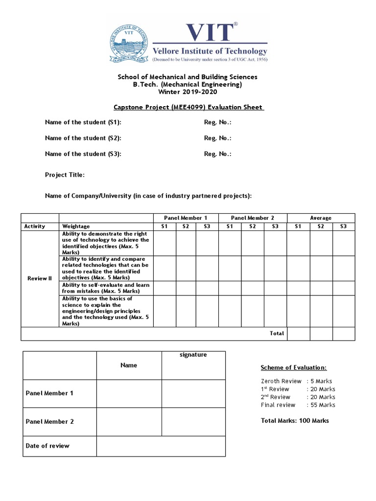 MEE4099 Capstone - Review 2 - Evaluation Sheet | PDF | Computers