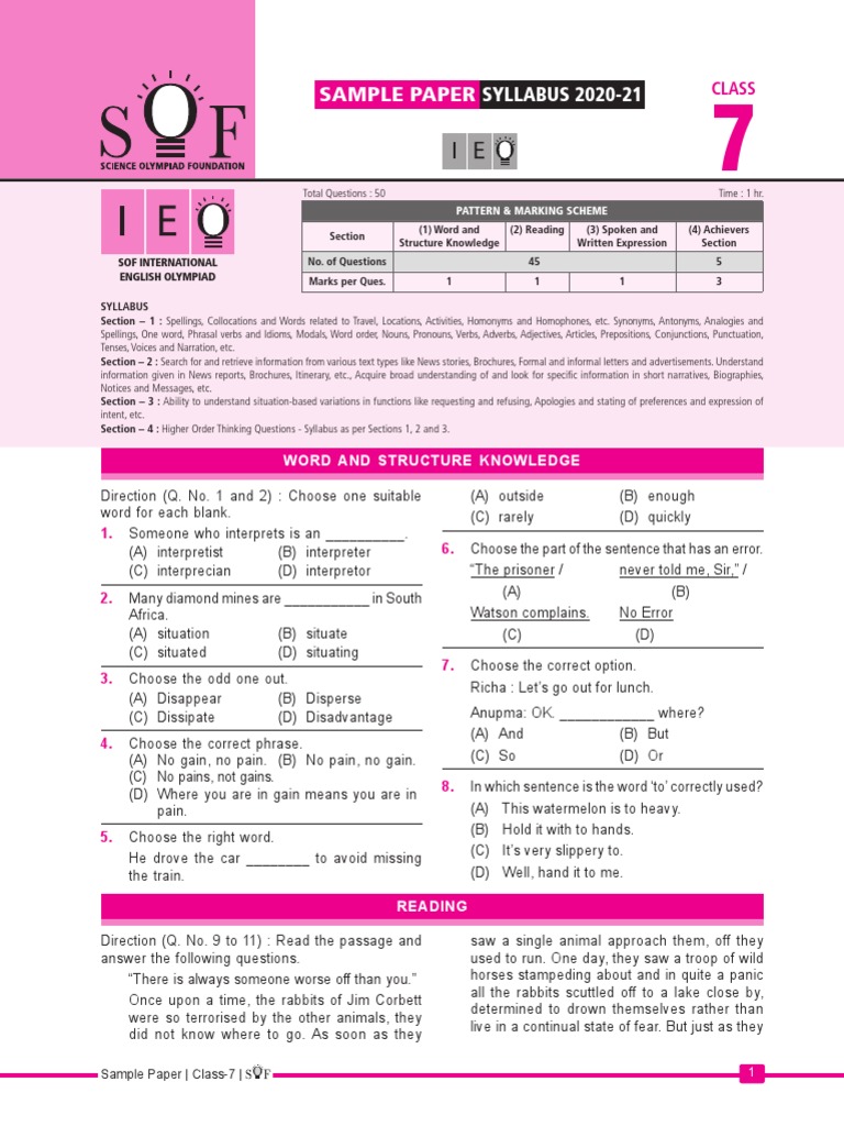 Class 7 IEO Sample Paper | Download Free PDF | Verb | English Language
