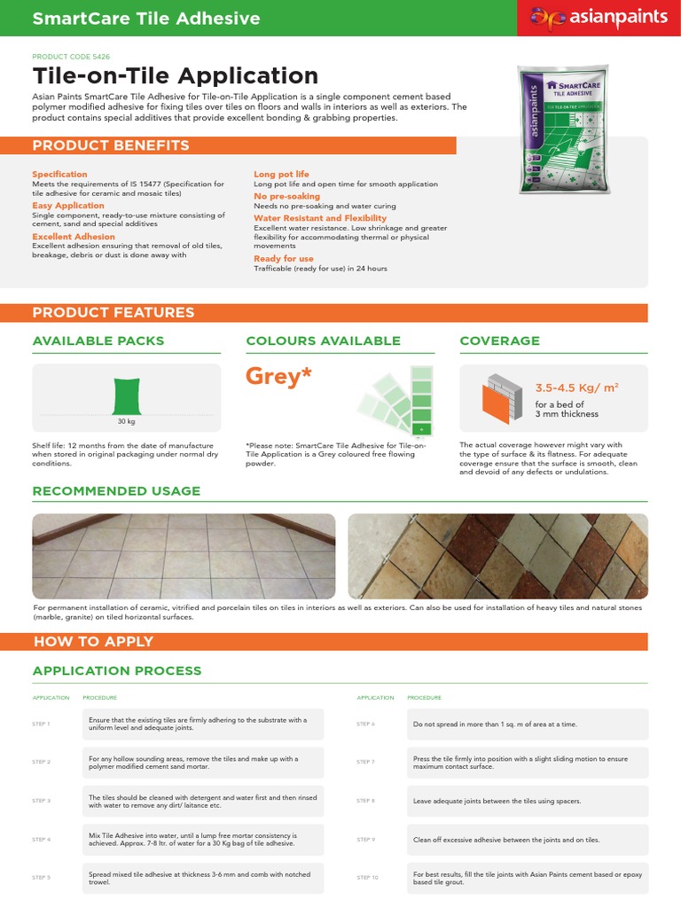 Smartcare Tile Adhesive For Tile On Tile Application | PDF | Tile ...