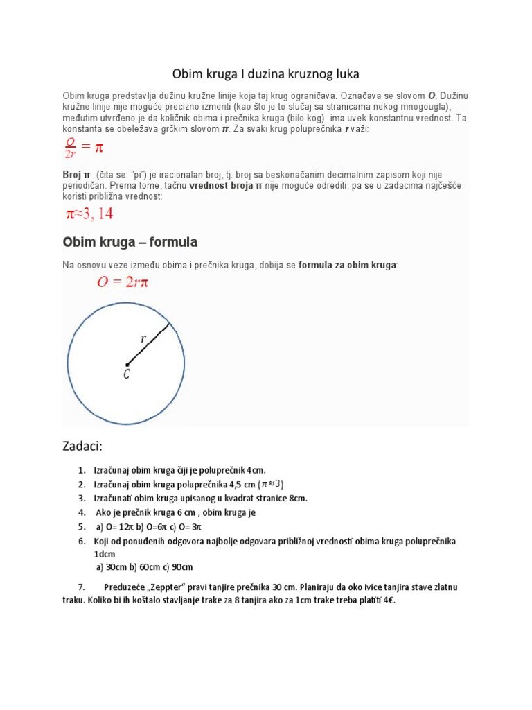 Obim Kruga I Duzina Kruznog Luka | PDF