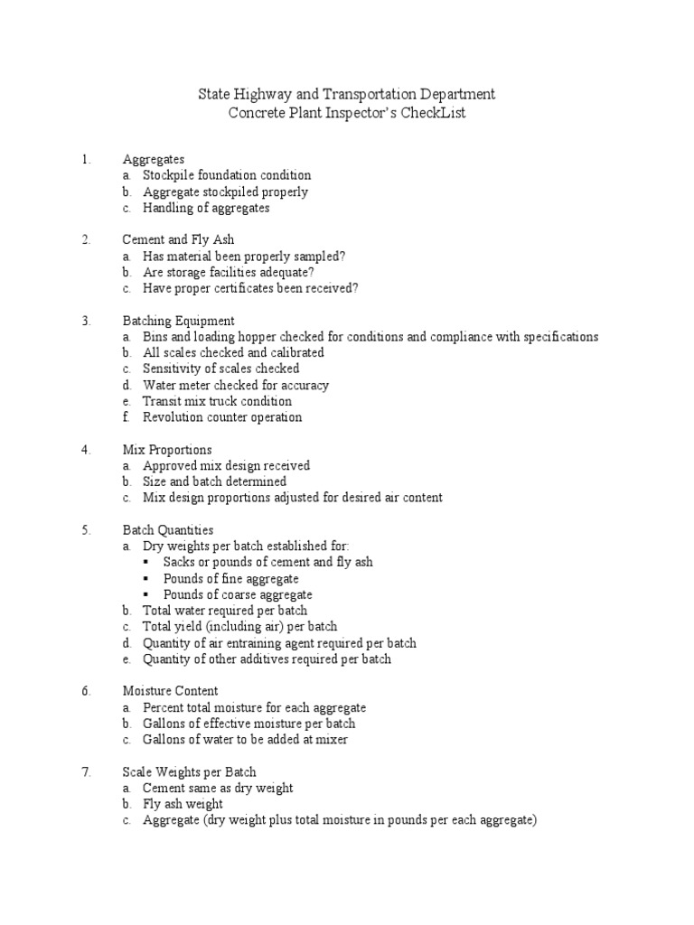 Concrete Batching Plant Inspection Checklist PDF | PDF | Concrete ...