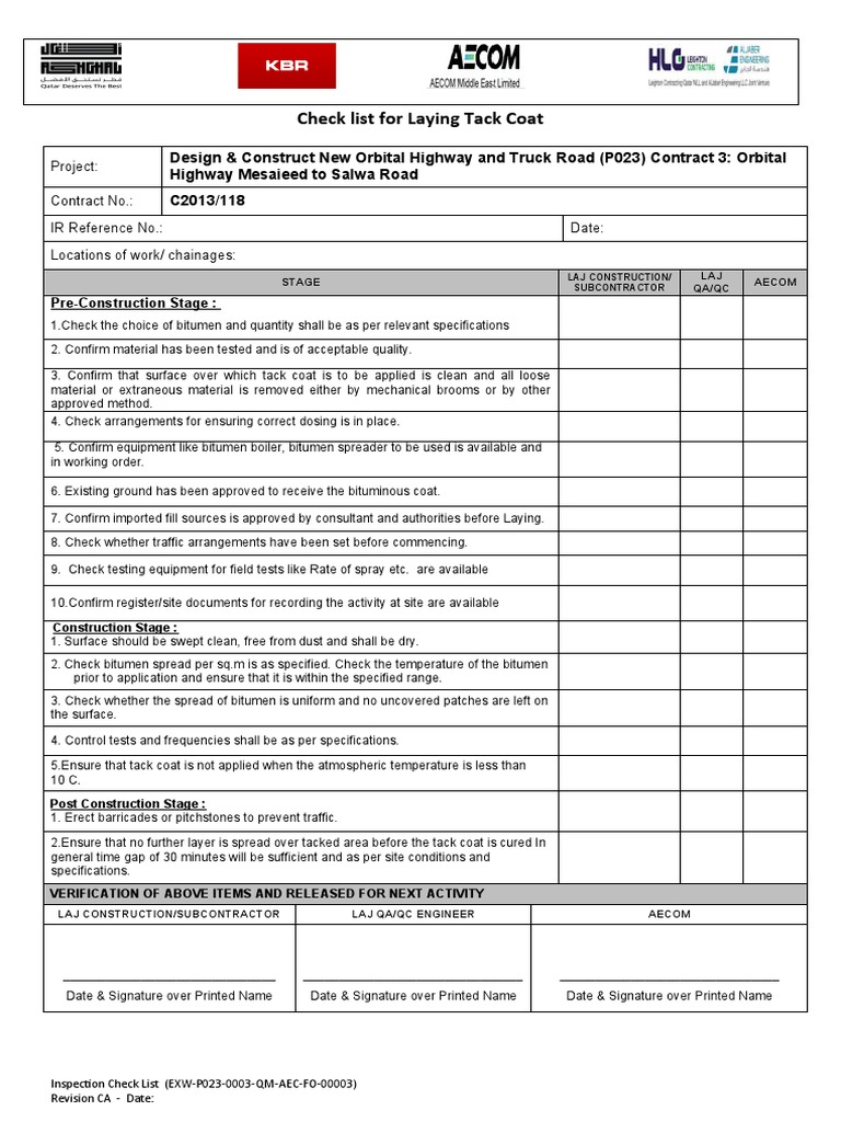 5 Checklist Laying Tack Coat | PDF | Asphalt | Specification (Technical ...