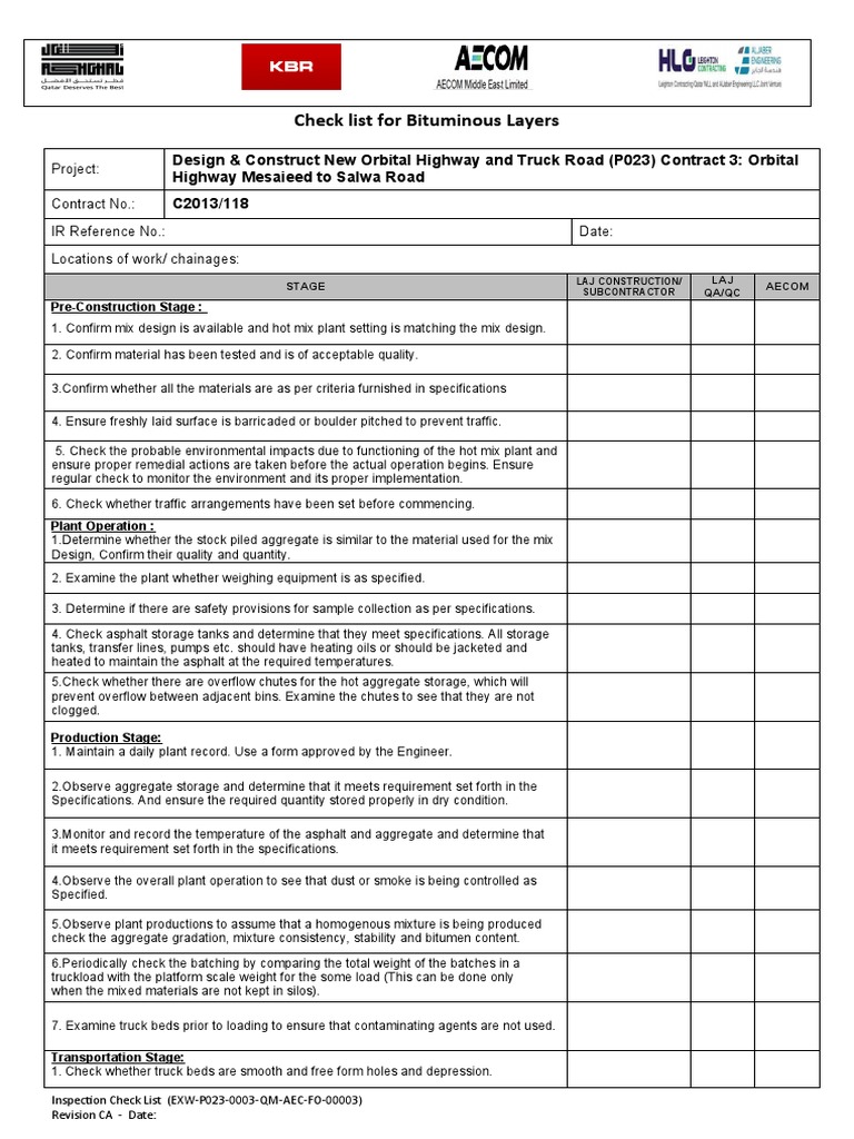 Bituminous Layer Inspection Checklist | PDF | Asphalt | Construction ...