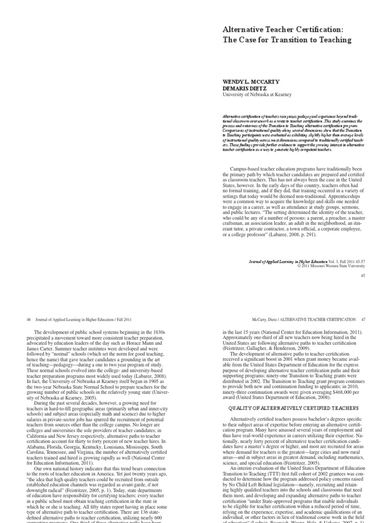 Alternative Teacher Certification The Case For Transition To Teaching ...