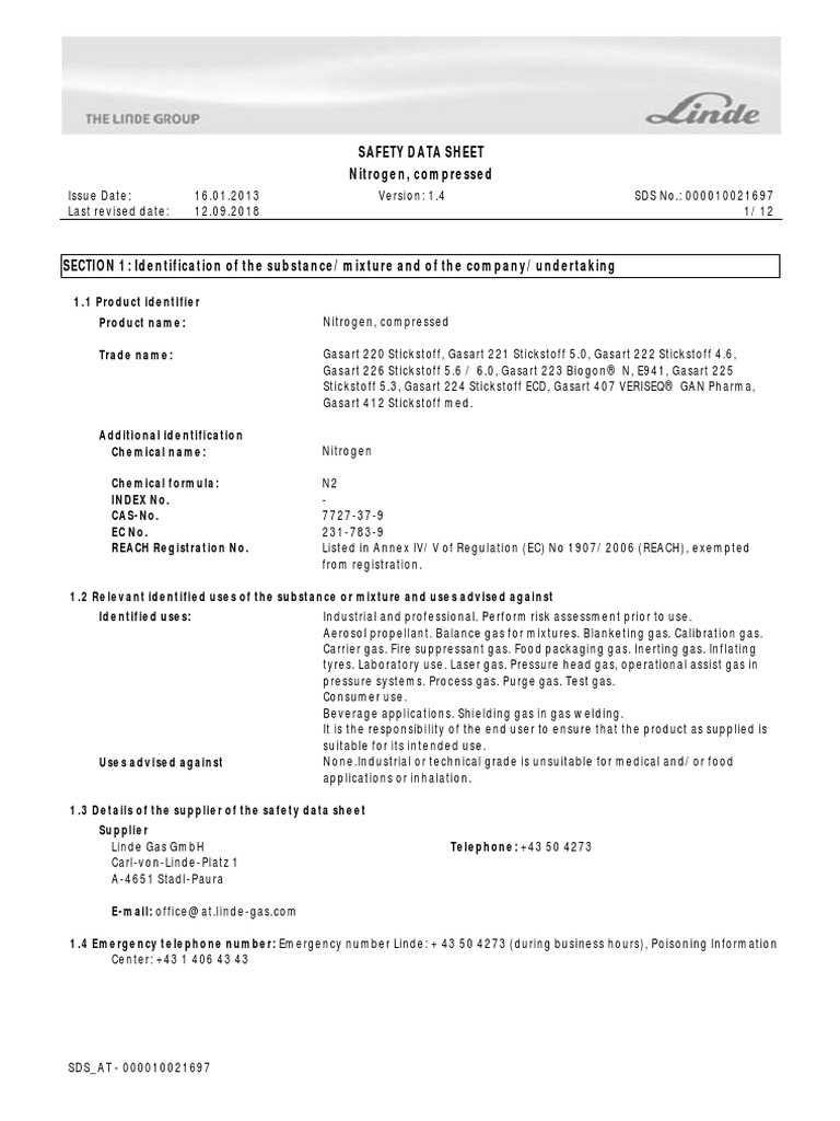 Safety Data Sheet Nitrogen, Compressed | PDF | Toxicity | Personal ...