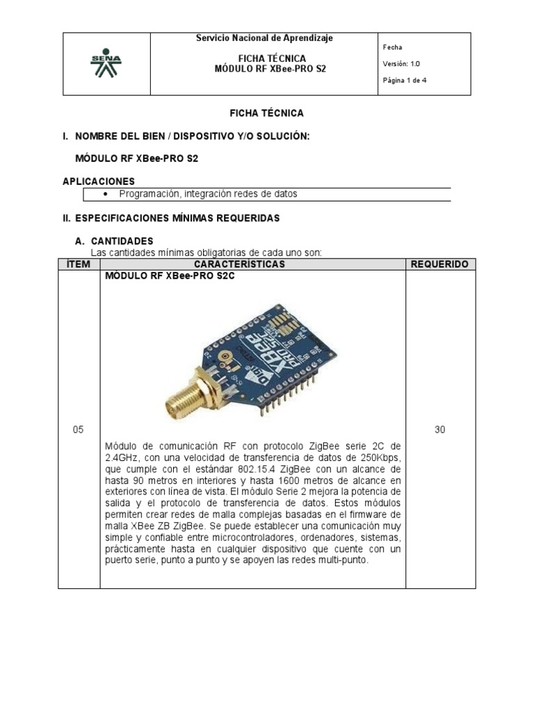 Ficha Técnica Módulo RF XBee-PRO S2 | PDF | Redes de computadoras | Transmisión de datos