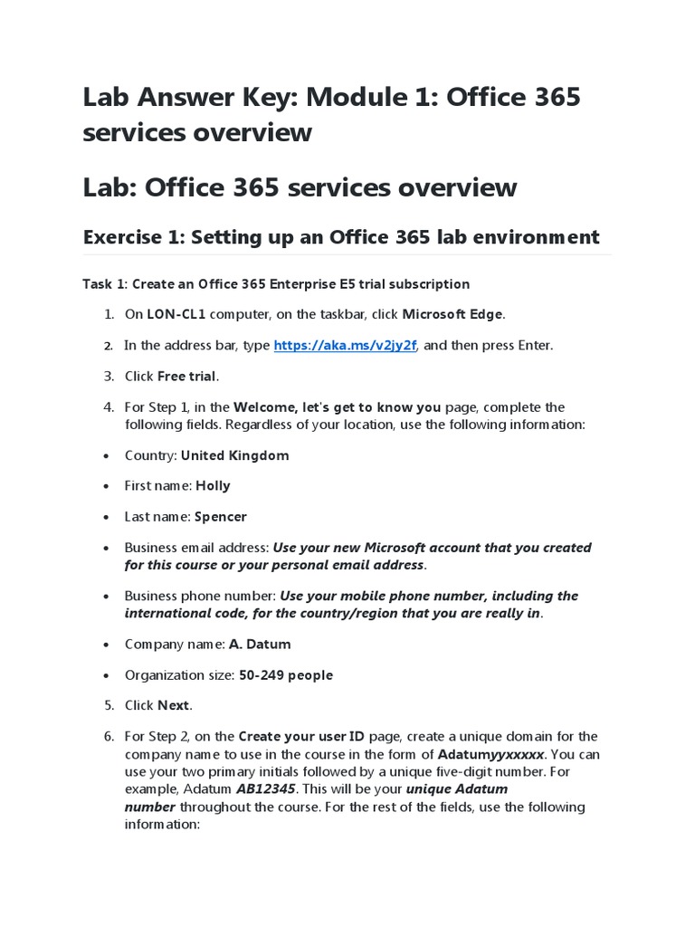 Lab Answer Key: Module 1: Office 365 Services Overview Lab: Office 365 Services Overview | PDF ...