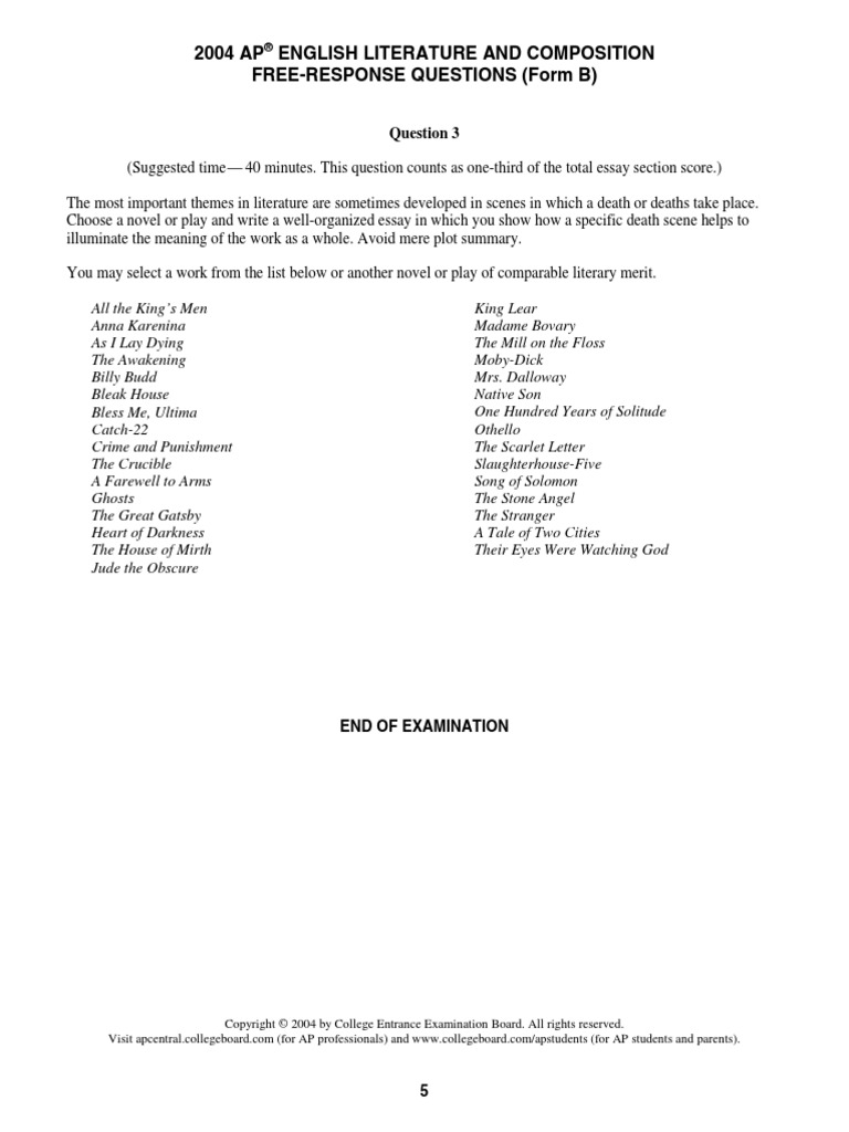 2004 Ap English Literature and Composition Free-Response Questions Form ...