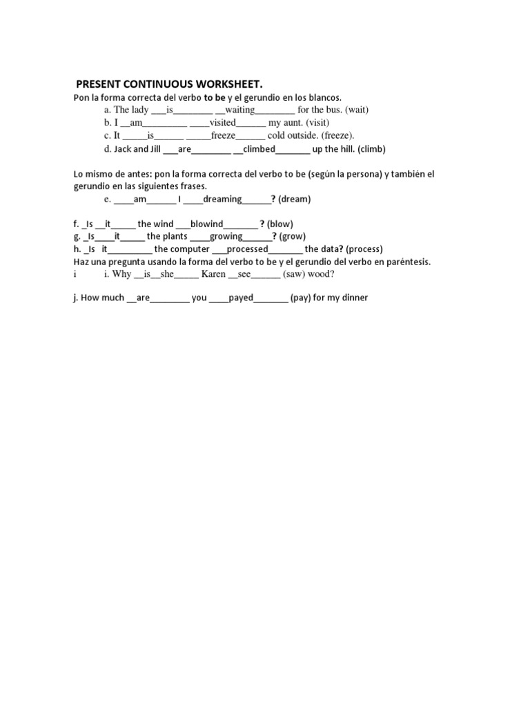 Present Continuous Worksheet PDF | PDF
